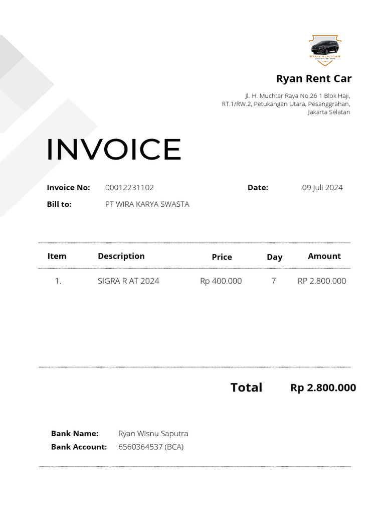 Invoice - Rental Mobil - RRC | PDF