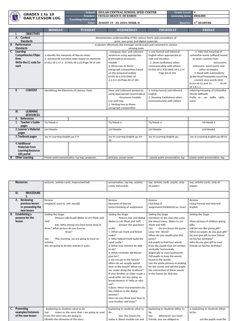 DLL - English 5 - Q1 - W4 | PDF