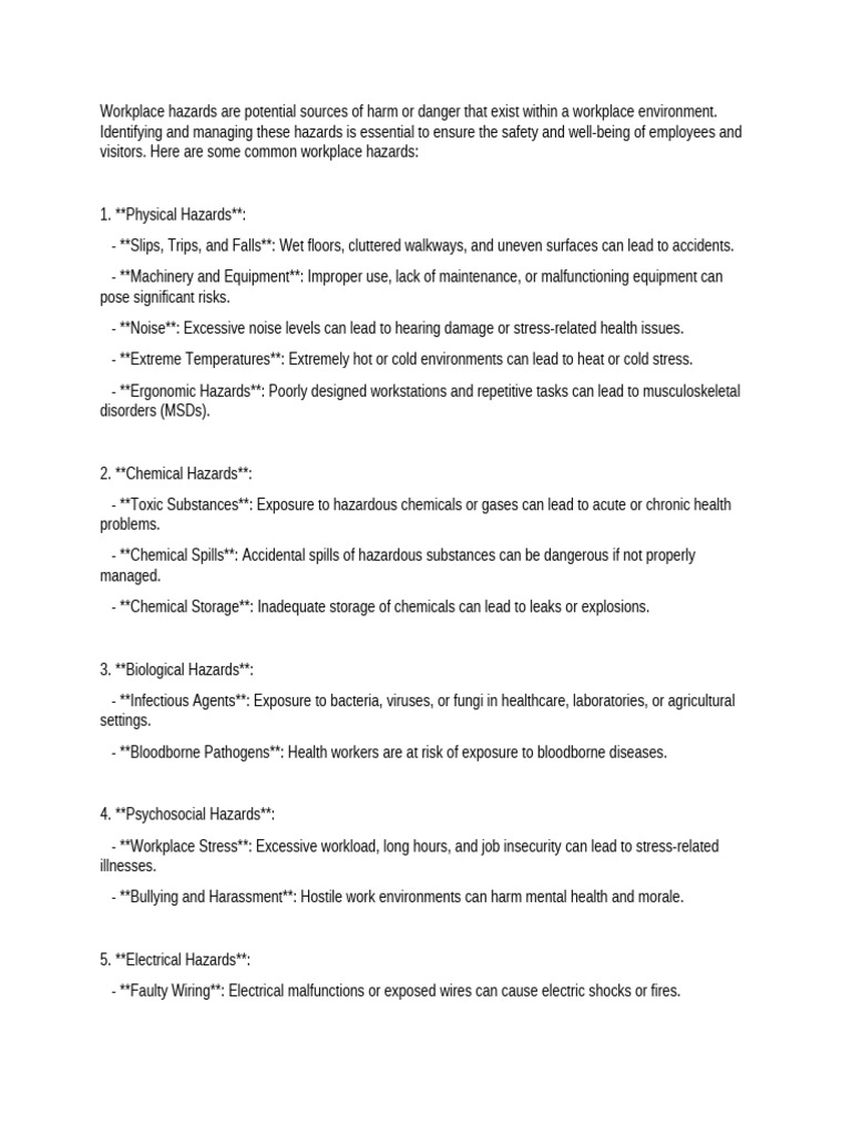Workplace Hazards Are Potential Sources of Harm or Danger That Exist ...