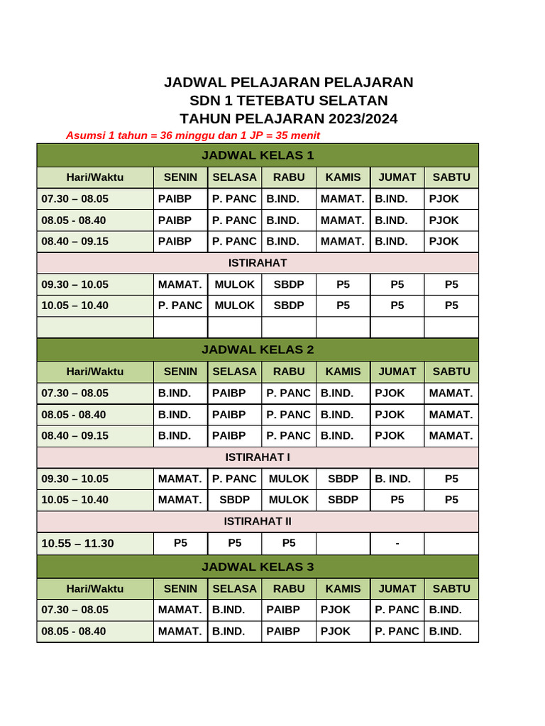 Jadwal Pelajaran 2024 - 2025 | PDF