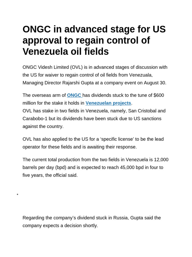 ONGC in Advanced Stage For US | PDF