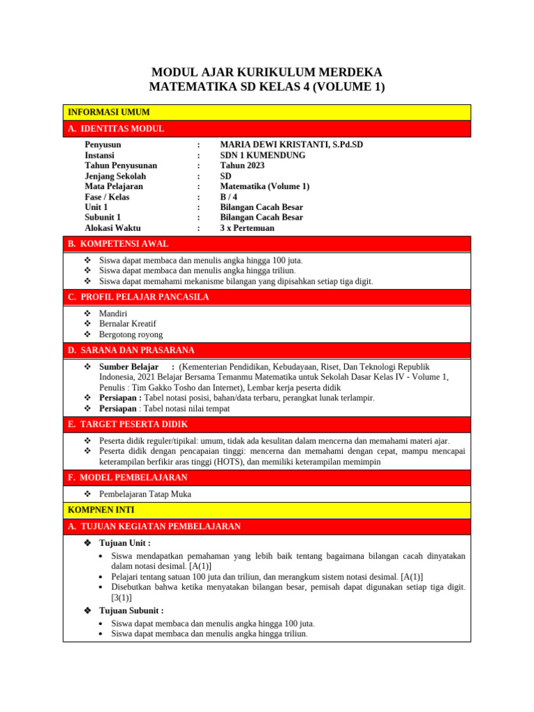 Modul Ajar Kurikulum Merdeka MTK | PDF