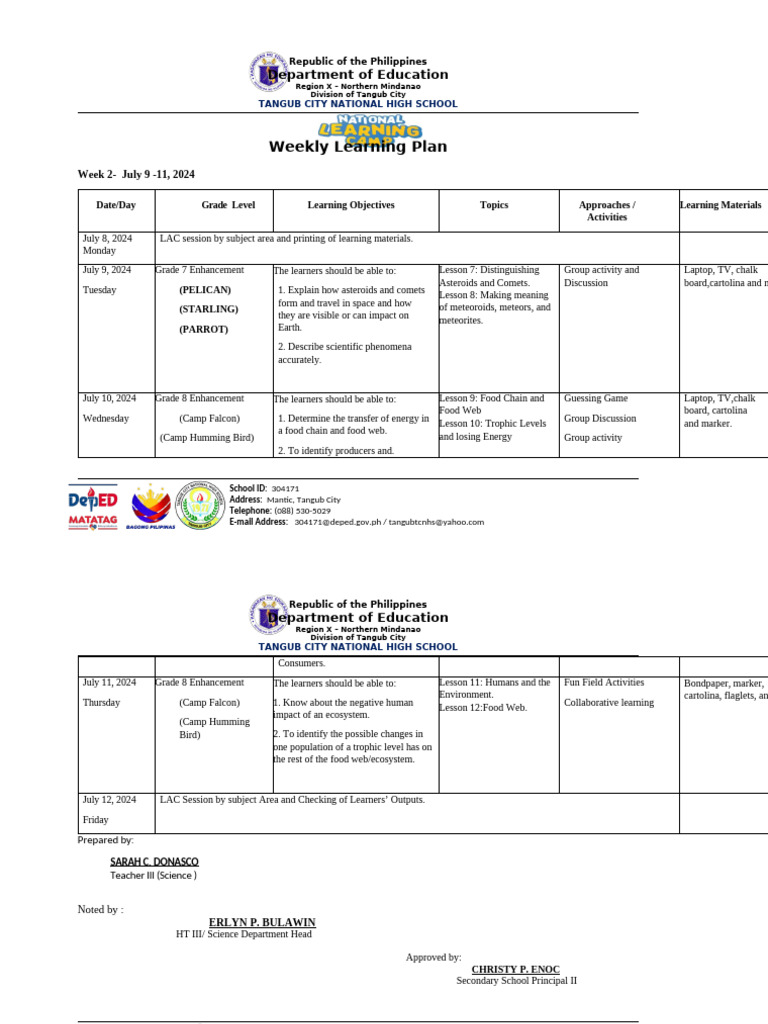 NLC-Weekly-Learning-plan | PDF