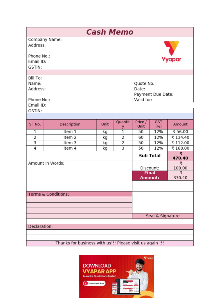 Cash Memo Bill Book Format 1 | PDF