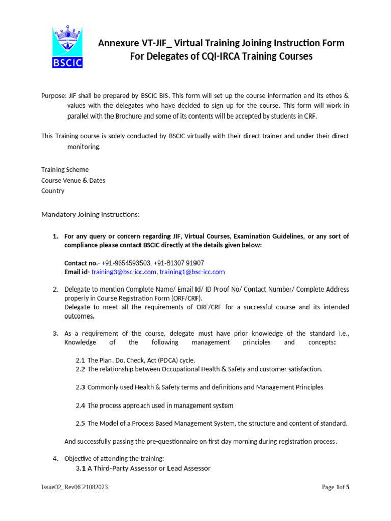 Annexure VT-JIF - Virtual Training - Joining Instruction Form - I02 R06 ...