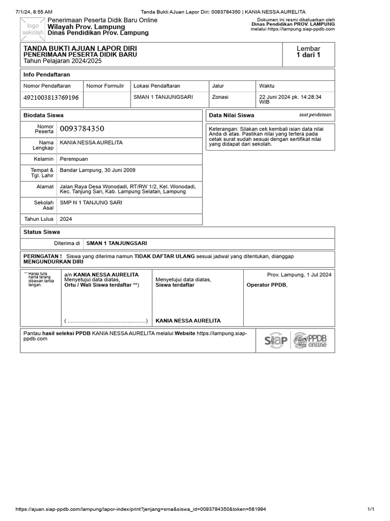 Tanda Bukti Ajuan Lapor Diri_ 0093784350 _ Kania Nessa Aurelita | PDF