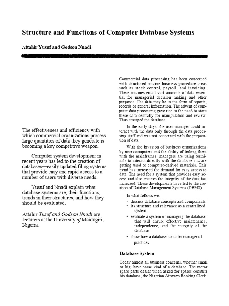Yusuf Nnadi 1988 Structure and Functions of Computer Database Systems ...