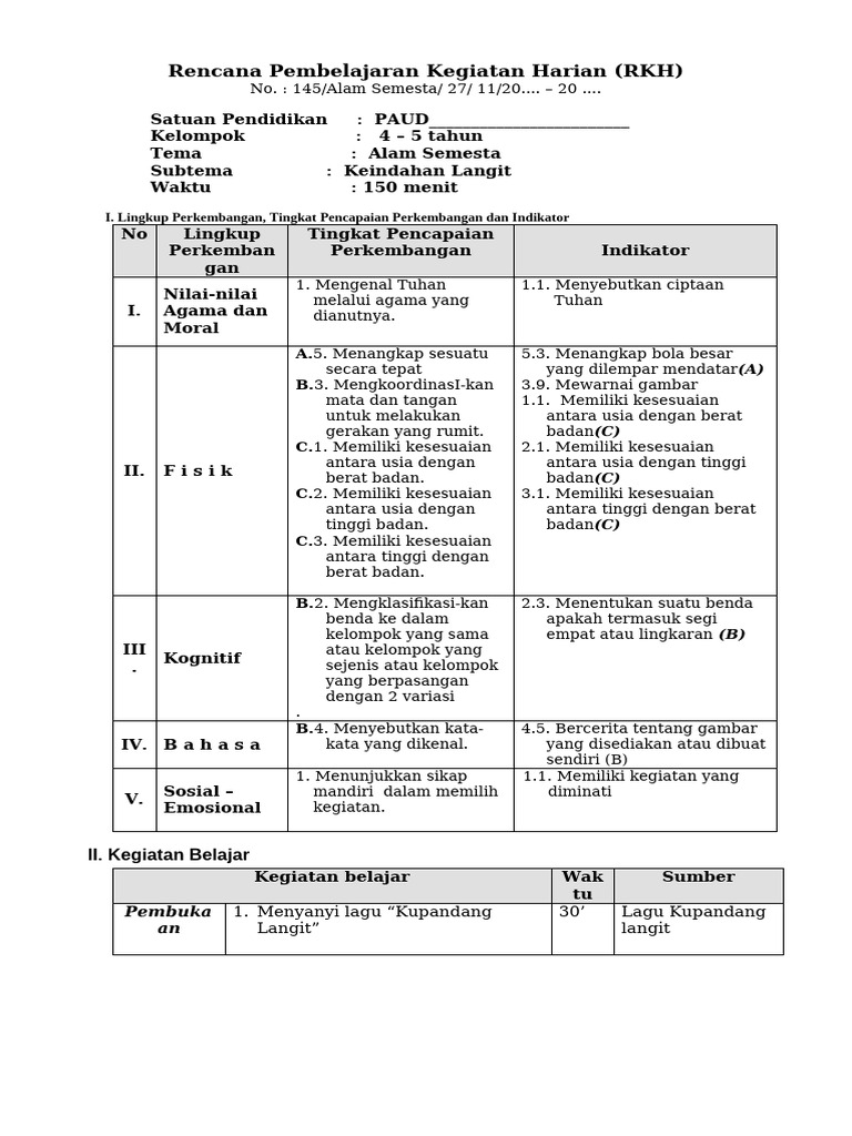 RPPH Semester 2 KEl B Tema Semesta Alam | PDF