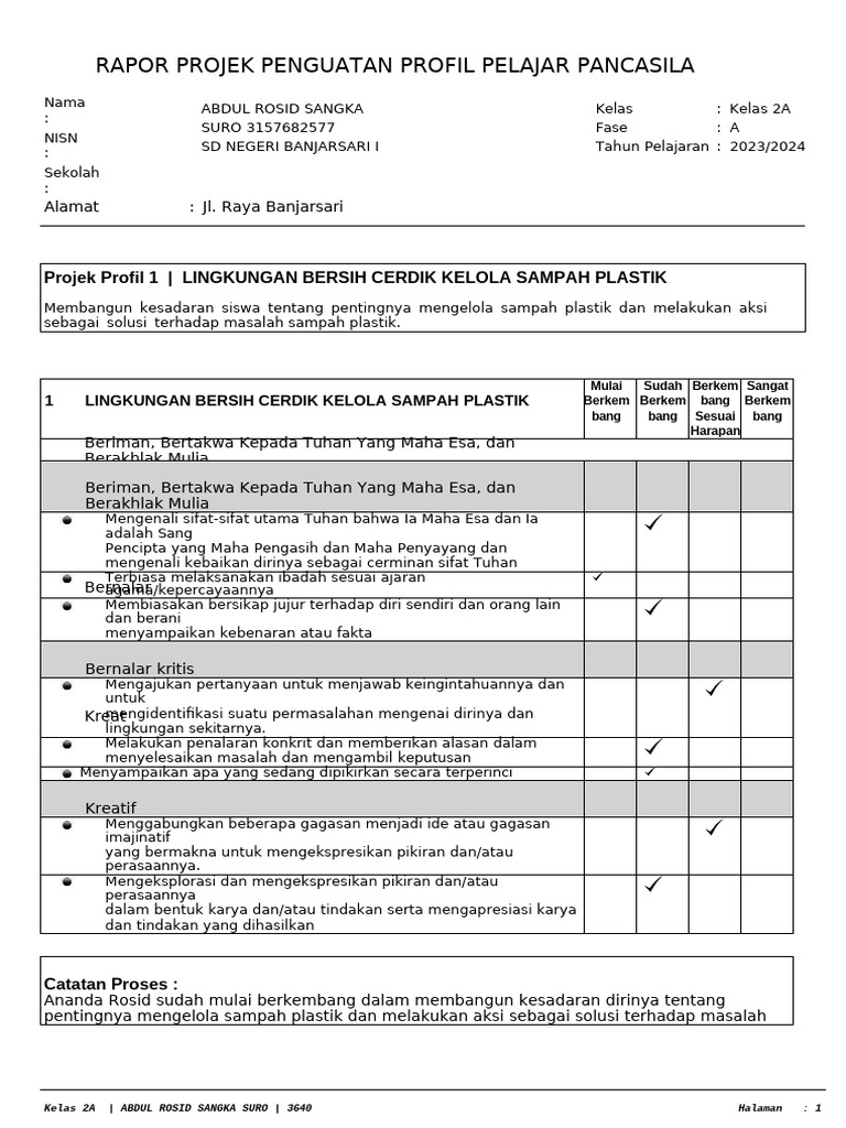 Rapor p5 Kelas 2A Sem 2 | PDF