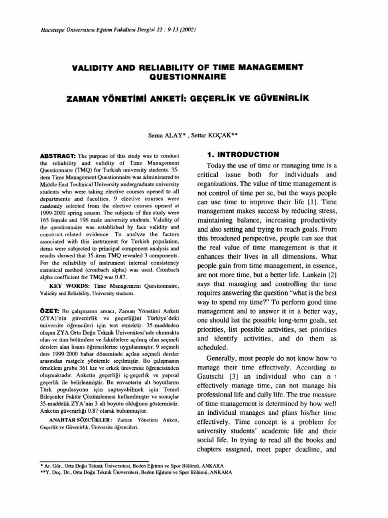 Validity and Reliability of Time Management Questionnaire (#102594) - 87887 | PDF