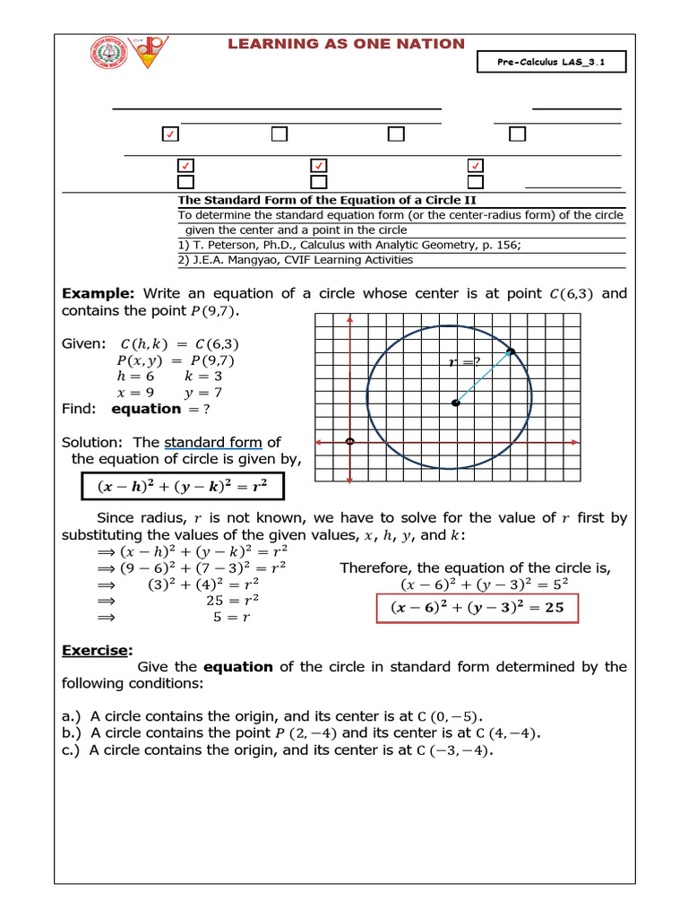 Pre-Calculus LAS 3.1 The Standard Form of The Equation of A Circle II | PDF