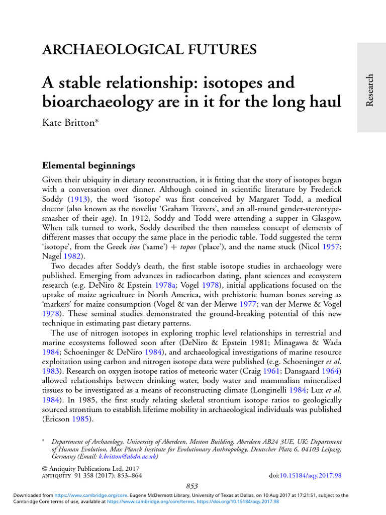 Britton, K. 2017. A Stable Relationship: Isotopes and Bioarchaeology Are in It For The Long Haul ...