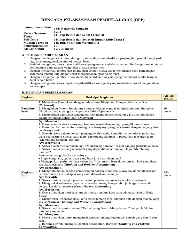 RPP TEMA 4 KELAS 2 PEMBELAJARAN 1 | PDF