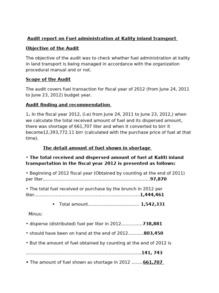 Audit Report On Fuel Management at Kaliti Land Transport Branch Office ...