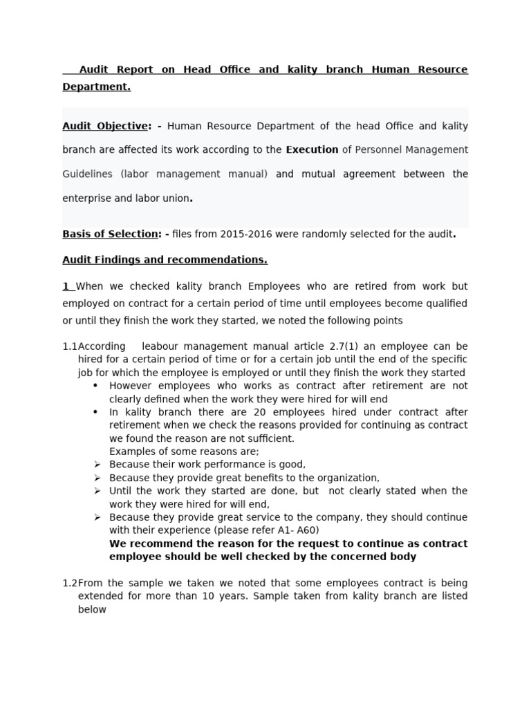 Audit Report On Head Office and Kality Branch Human Resource Department ...