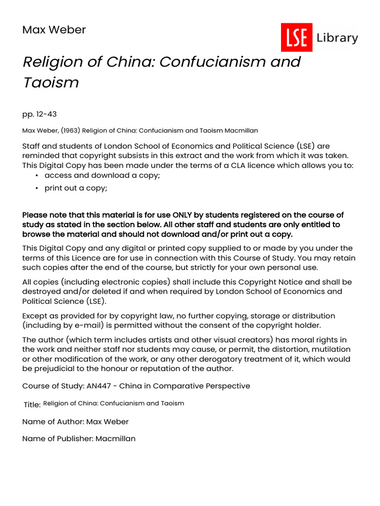 Religion of China: Confucianism and Taoism: Max Weber | PDF