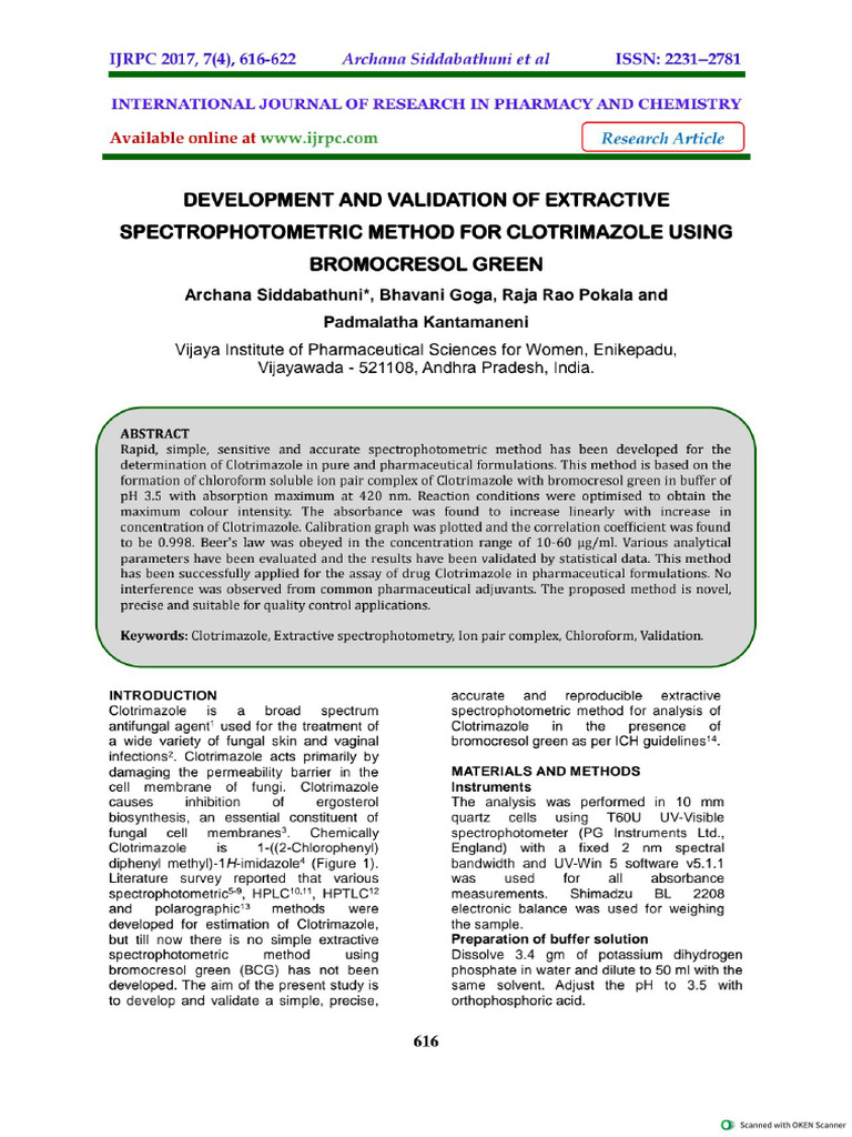 Development and Validation of Extractive Spectrophotometric Method For Clotrimazole Using ...