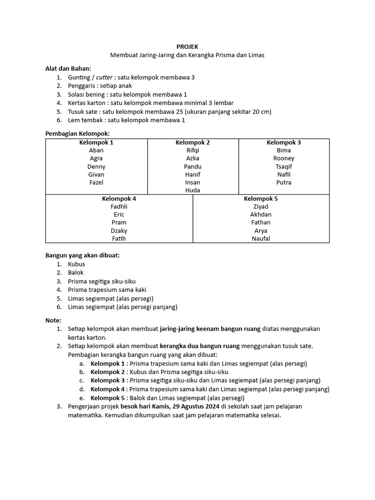 Projek Jaring-Jaring Dan Kerangka Prisma Dan Limas Kelas 8a | PDF