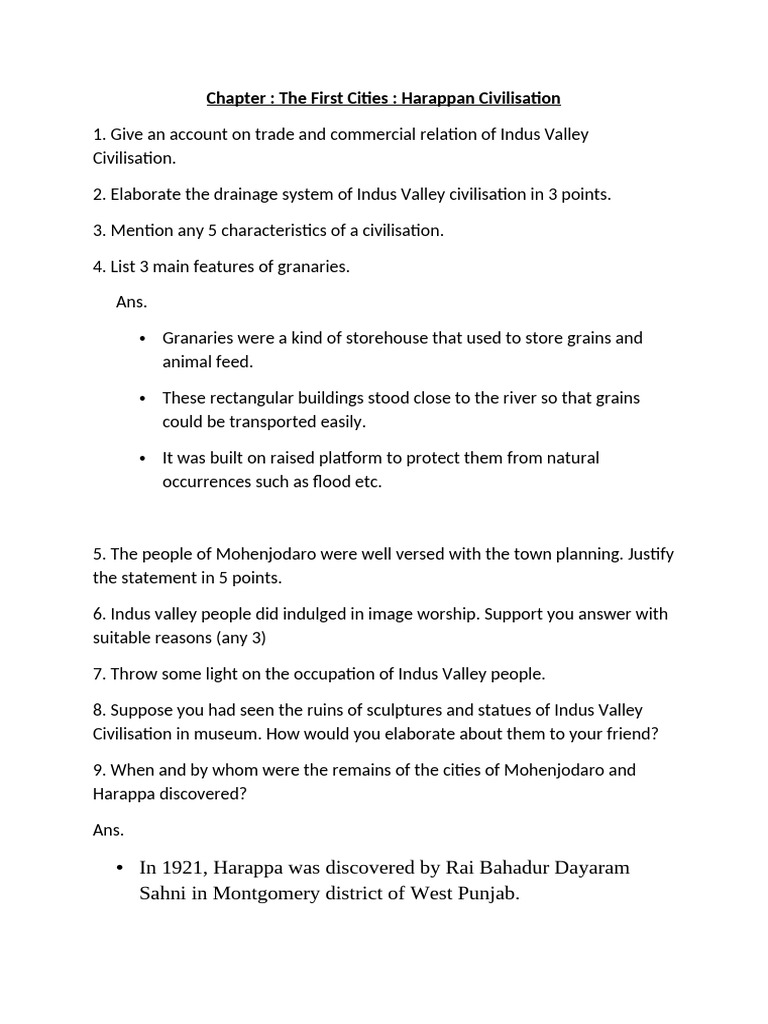 class 6 Indus valley civilisation questions | PDF