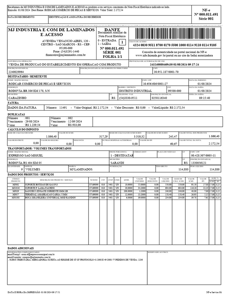 Danfe MJ Industria E Com de Laminados E Acesso: NF-e #000.011.491 Série 001 | PDF