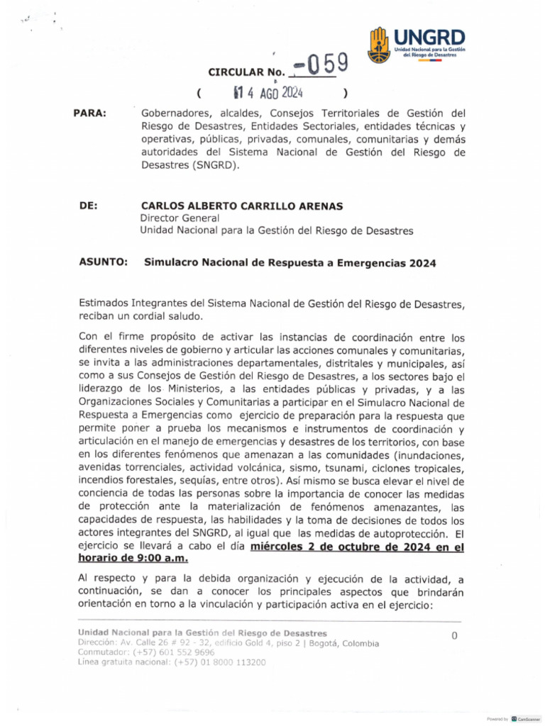 Circular 059 de 14 de Agosto de 2024 - Simulacro Nacional 2024 | PDF