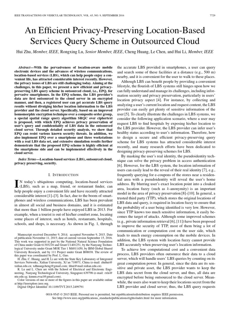 An Efficient Privacy-Preserving Location-Based Services Query Scheme in Outsourced Cloud | PDF