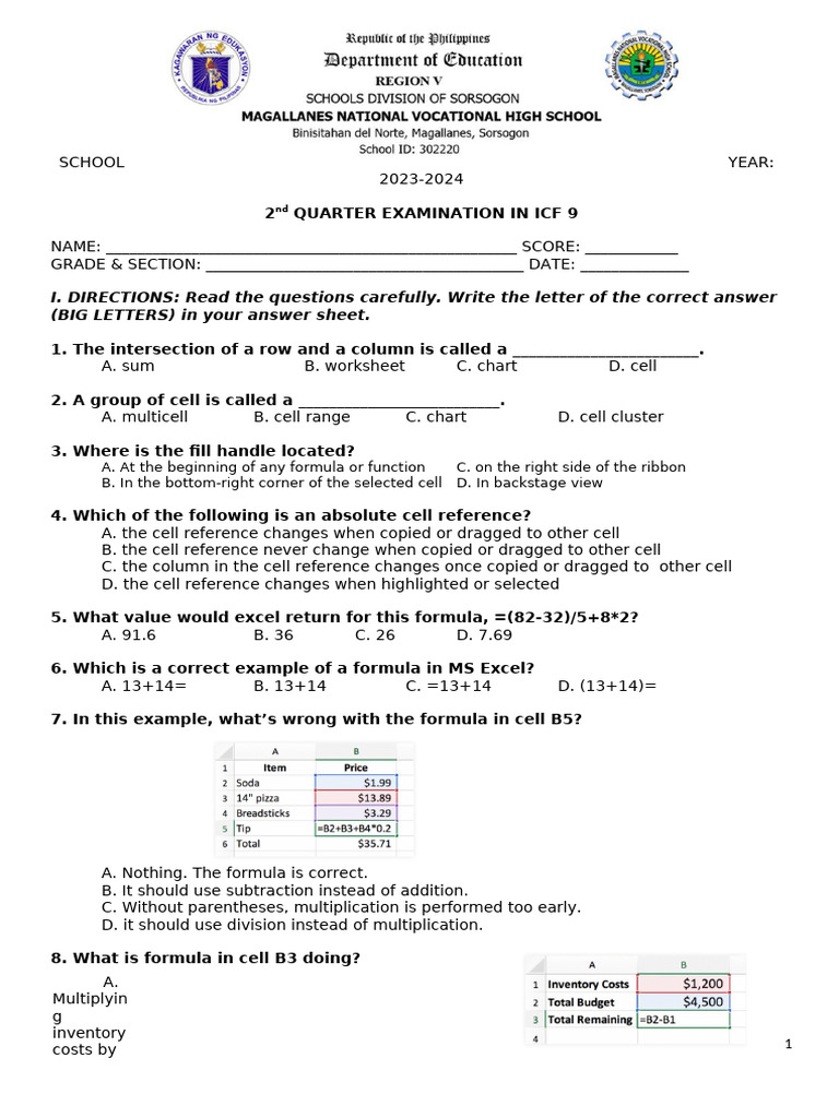 2nd Quarter Examination - ICF 9 Section 2,3,4 | PDF
