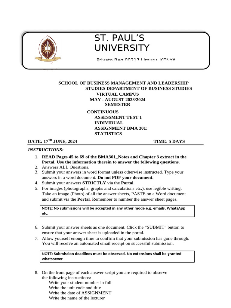 Bma301 Cat1 Questions | PDF | Mean | Mode (Statistics)