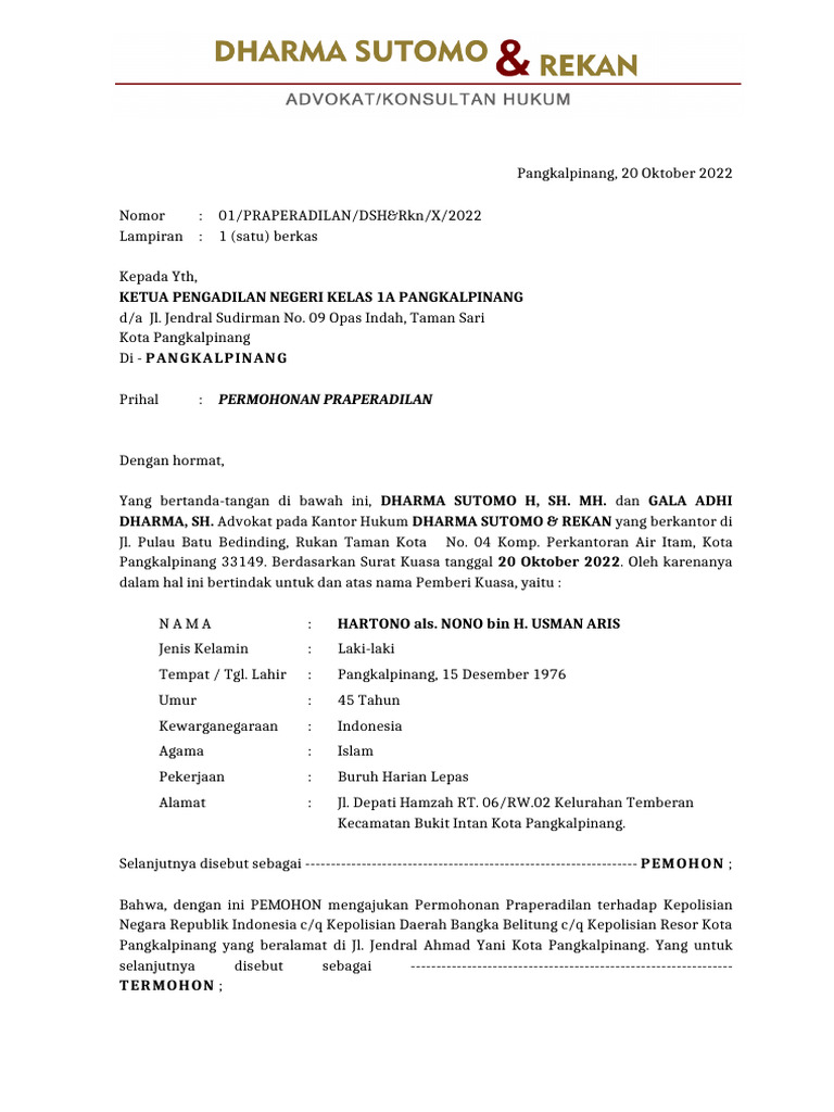 PERMOHONAN PRAPERADILAN - TSK HARTONO Bin USMAN ARIS - Editing | PDF