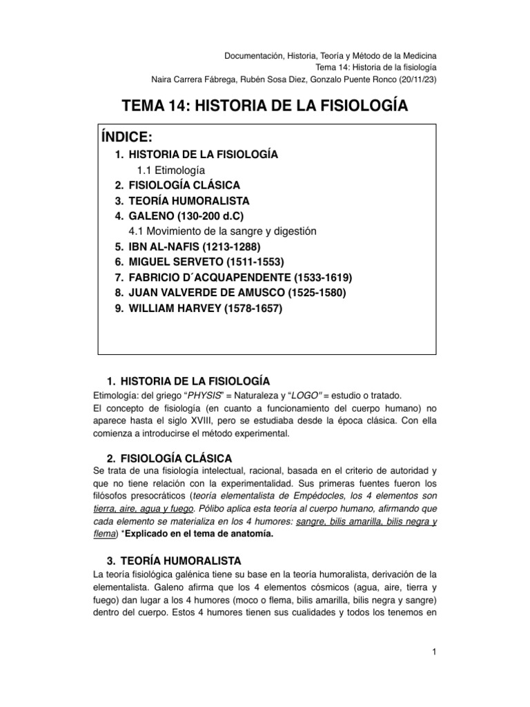 Historia TEMA 14. Hist. Fisiología | PDF