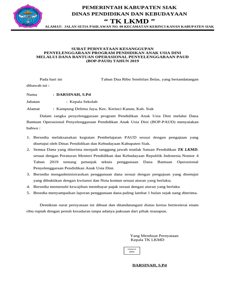 Contoh Pernyataan Kesanggupan Bop Paud-2 | PDF