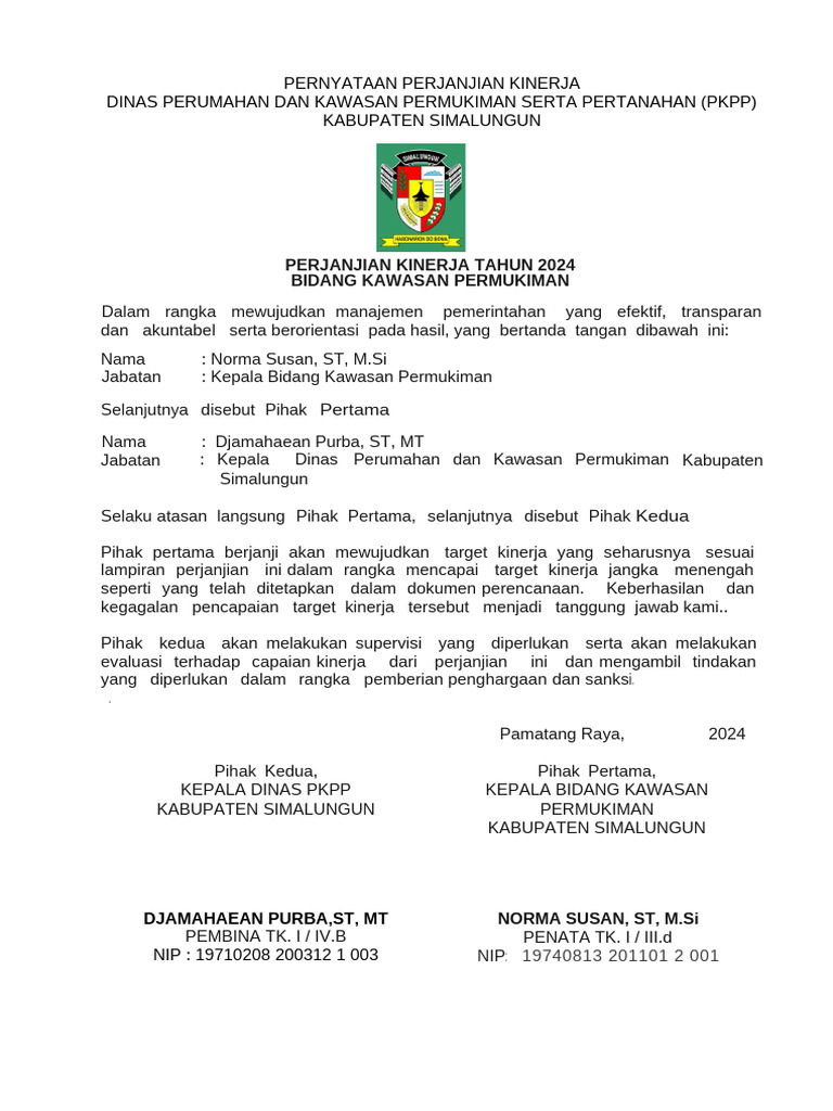 Pernyataan Perjanjian Kinerja Bidang Kp Ta. 2024 | PDF