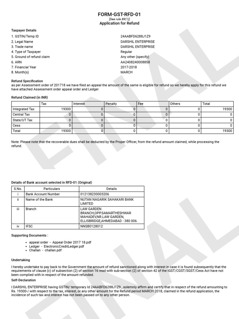 GST RFD-01 - 24AABFD6288J1Z9 - ANYOTH - 201803 - Form | PDF | Taxes ...