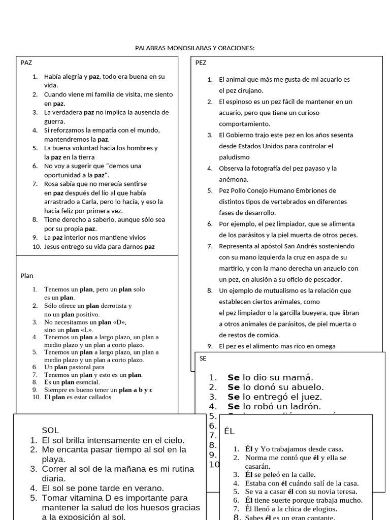 Palabras Monosilabas y Oraciones | PDF