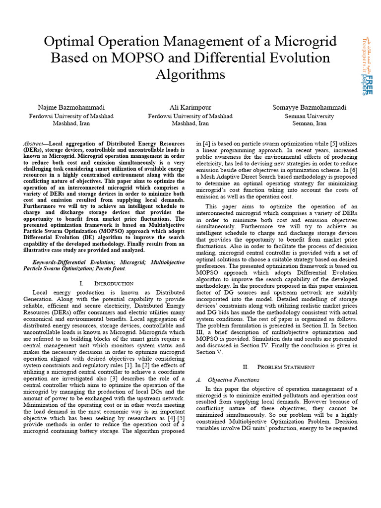 Optimal Operation Management of A Microgrid Based On MOPSO and Differential Evolution Algorithms ...