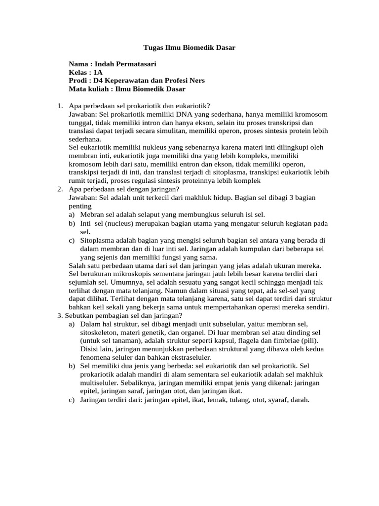 Tugas Ilmu Biomedik Dasar Nama: Indah Permatasari Kelas: 1A Prodi: D4 ...