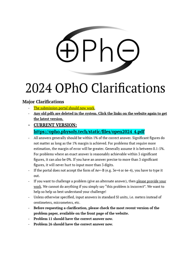 2024 OPhO Open Clarifications | PDF