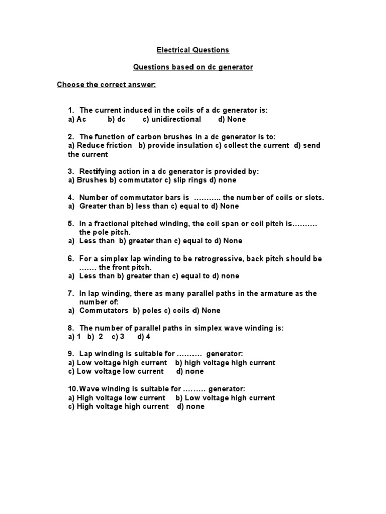DC Generator and Motor Quiz Questions | PDF | Transformer | Ac Power