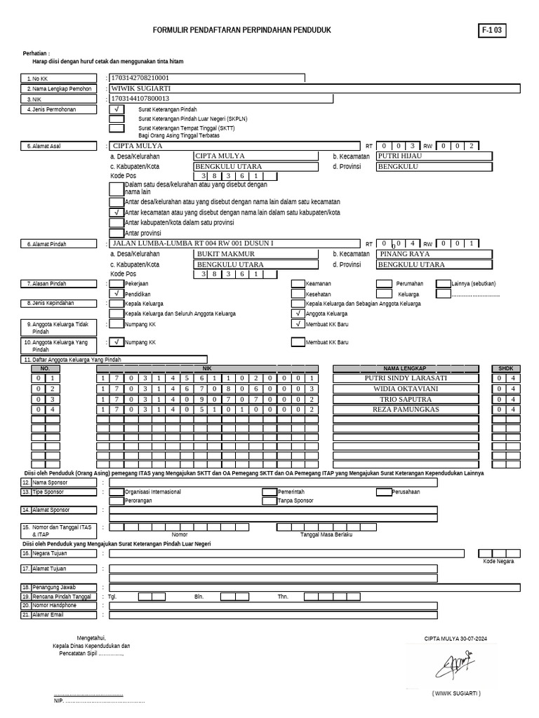 Formulir Pendaftaran Perpindahan Penduduk F-1 03 | PDF