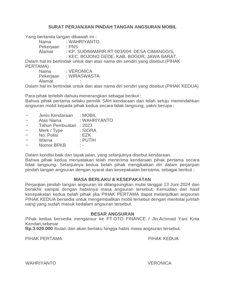 SURAT PERJANJIAN PINDAH TANGAN ANGSURAN MOBIL | PDF