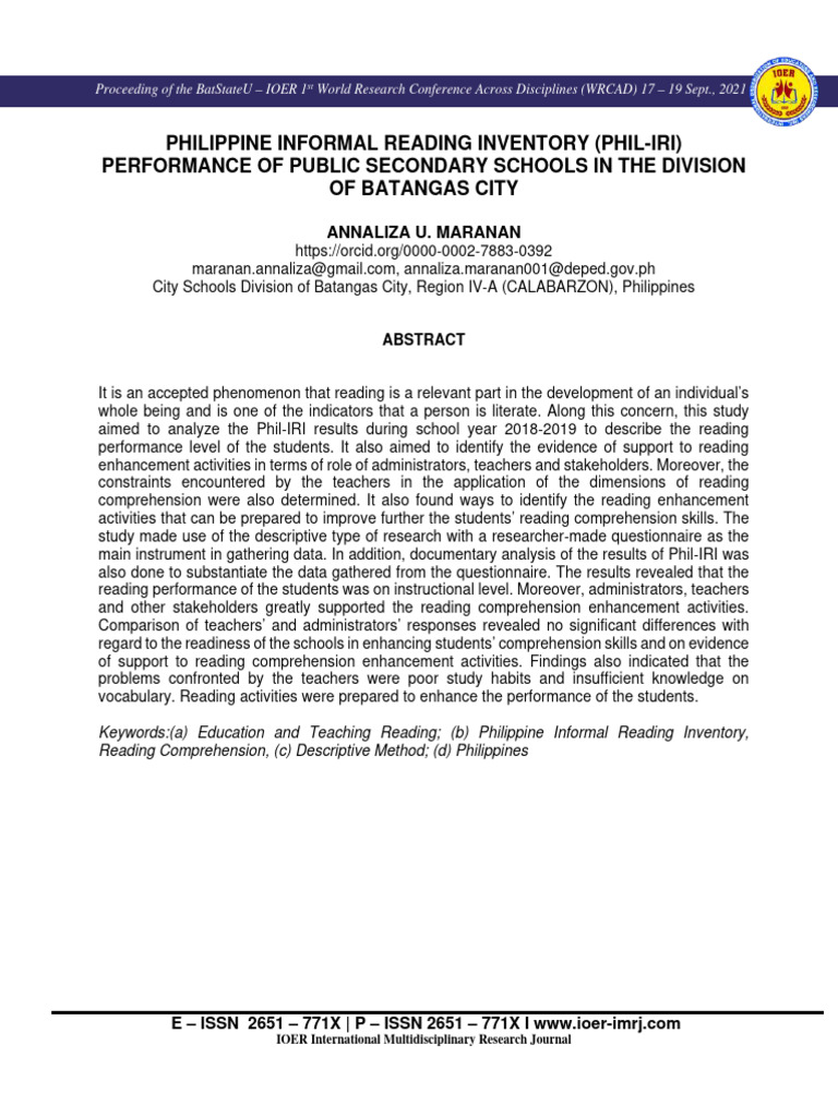 Philippine Informal Reading Inventory PH | PDF | Reading Comprehension ...