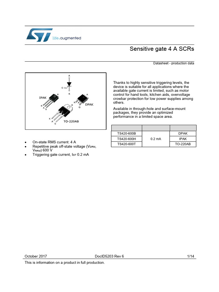 Sensitive Gate 4 A SCRS: Description | PDF