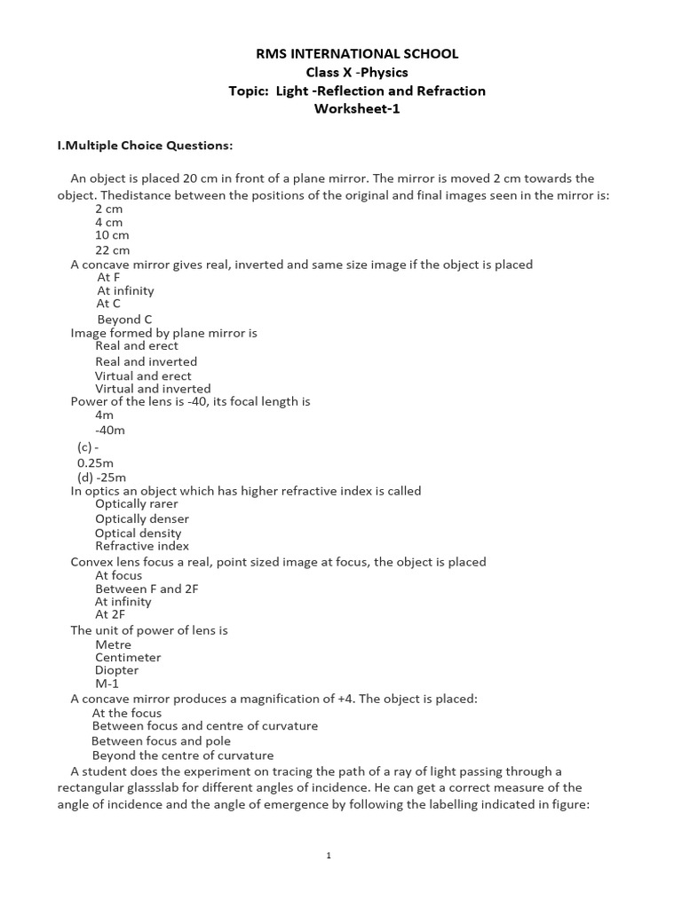 Ch10-Light, Reflection and Refraction (Worksheet) | PDF