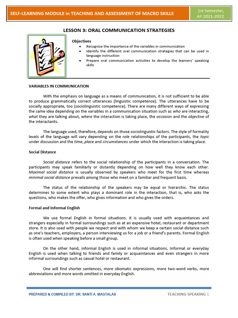 TOLR-Lesson 3. ORAL COMMUNICATION STRATEGIES | PDF