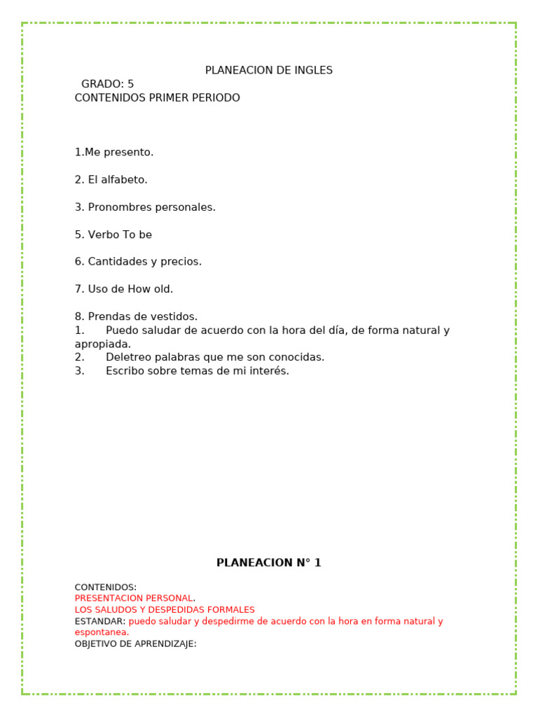 Planeacion de Ingles 5° A | PDF