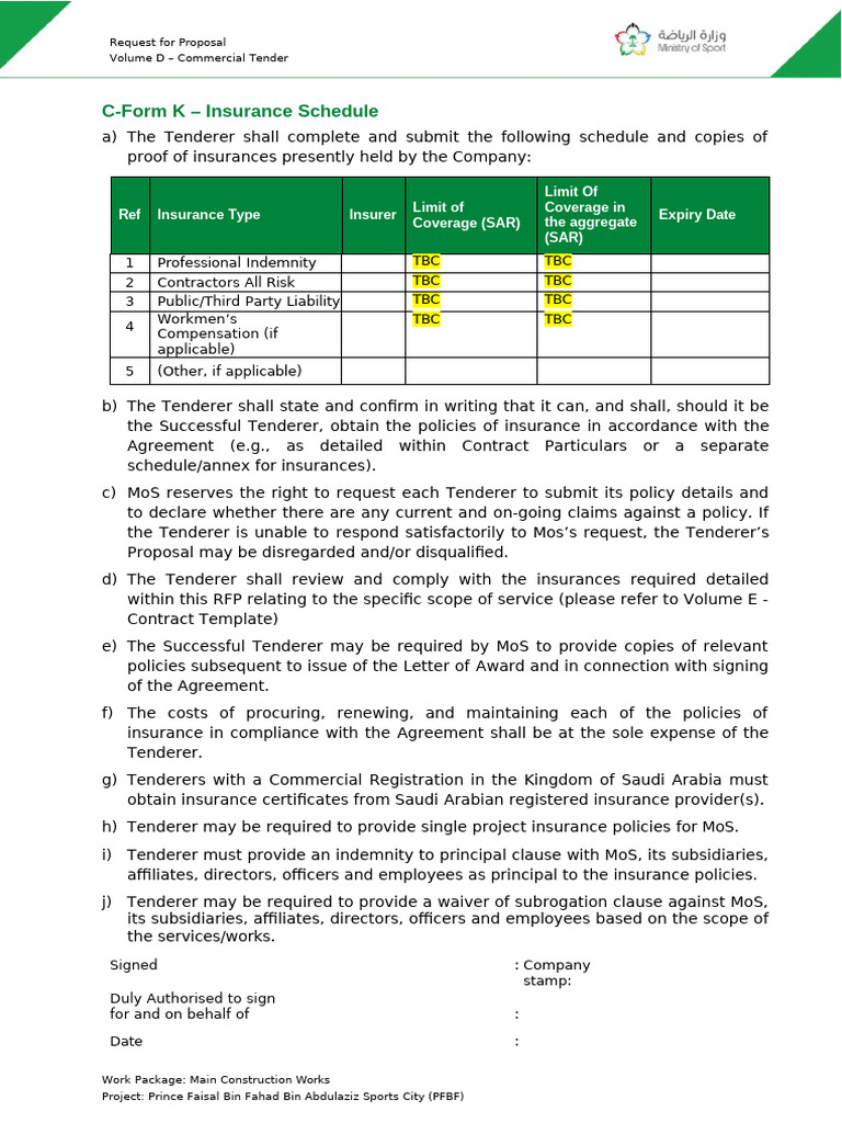 C-Form K - Insurance Schedule | PDF