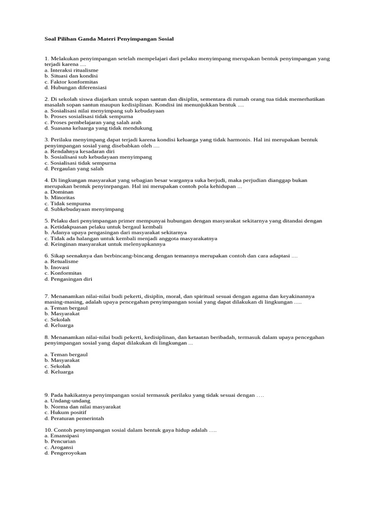 Soal Pilihan Ganda Materi Penyimpangan Sosial | PDF Soal Pilihan Ganda Materi Penyimpangan Sosial | PDF