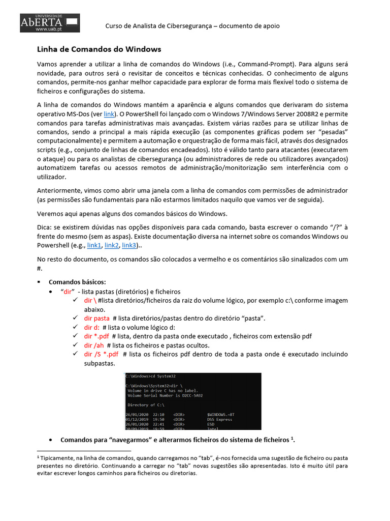 M1 UD4.1 - Auxiliar - Linha de Comandos Windows | PDF