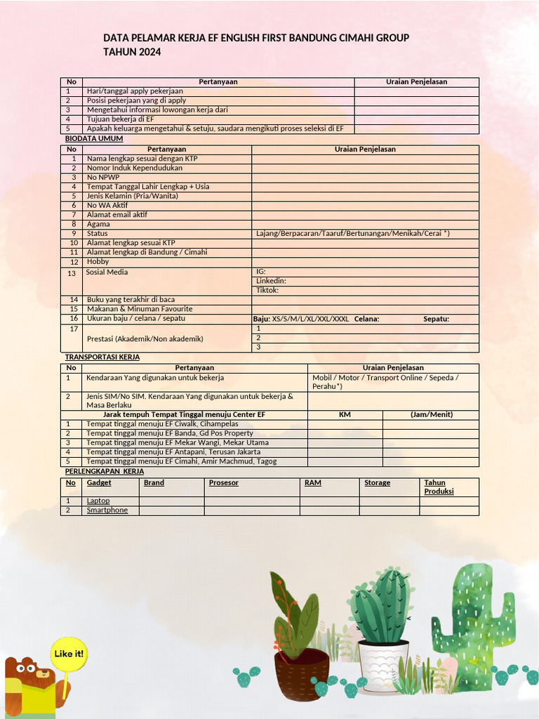 Formulir Data Pelamar Kerja EF 2024 | PDF