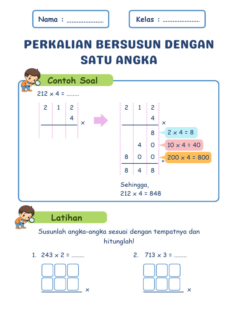 Perkalian Bersusun Satu Angka Lembar Kerja Matematika Biru Ilustratif | PDF